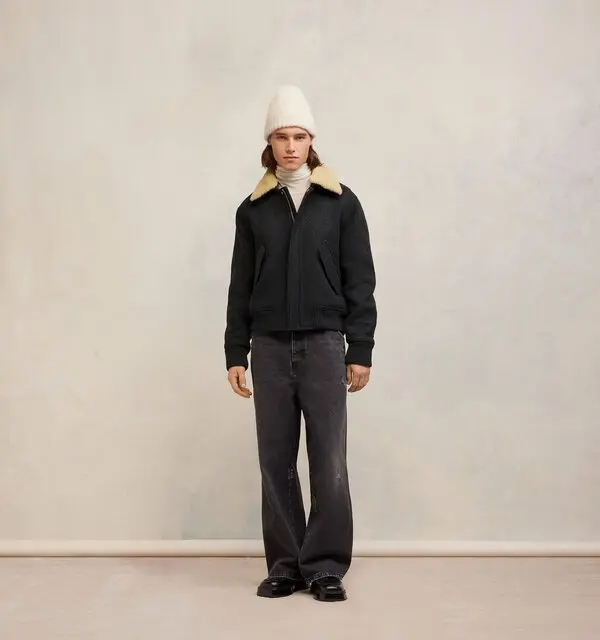 Ami Shearling Collar Wool Bomber Jacket