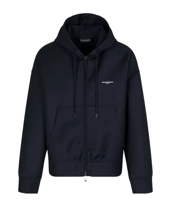 Emporio Armani Logo Detailed Drawstring Hoodie - Navy Blue