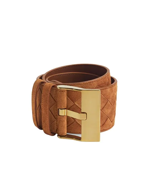 Bottega Veneta Intrecciato Suede Belt With Metal Buckle - Amber