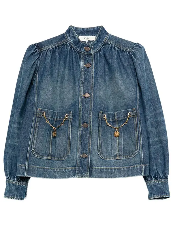Chloé High Collar Ruffled Denim Jacket - Blue