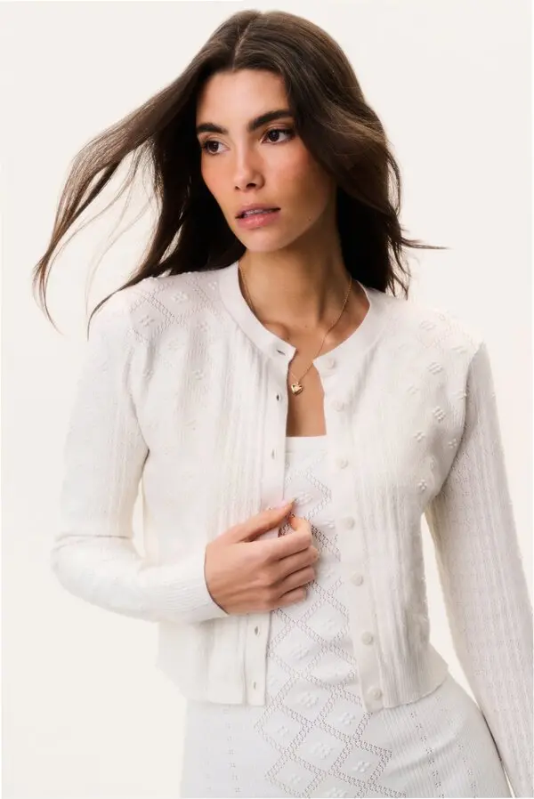 LoveShackFancy Laken Cotton Pointelle Cropped Cardigan - Off White