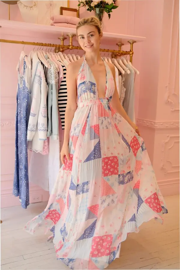 LoveShackFancy Halterneck Maxi Gown With Patchwork Print - Blueberry Sundae