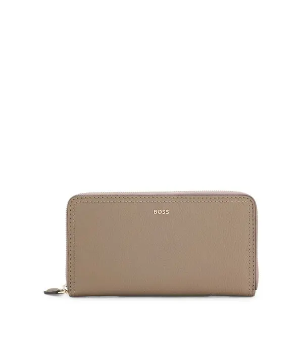 BOSS Zippered Wallet In Grained Leather With Metallic Logo Lettering - Brown