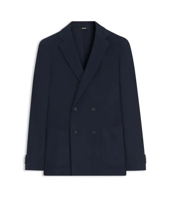 BOSS Double-breasted Slim-fit Blazer In Patterned Cotton - Dark Blue
