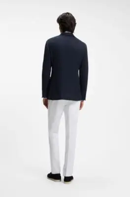 BOSS Double-breasted Slim-fit Blazer In Patterned Cotton - Dark Blue