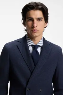 BOSS Double-breasted Slim-fit Blazer In Patterned Cotton - Dark Blue