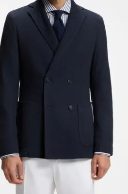 BOSS Double-breasted Slim-fit Blazer In Patterned Cotton - Dark Blue