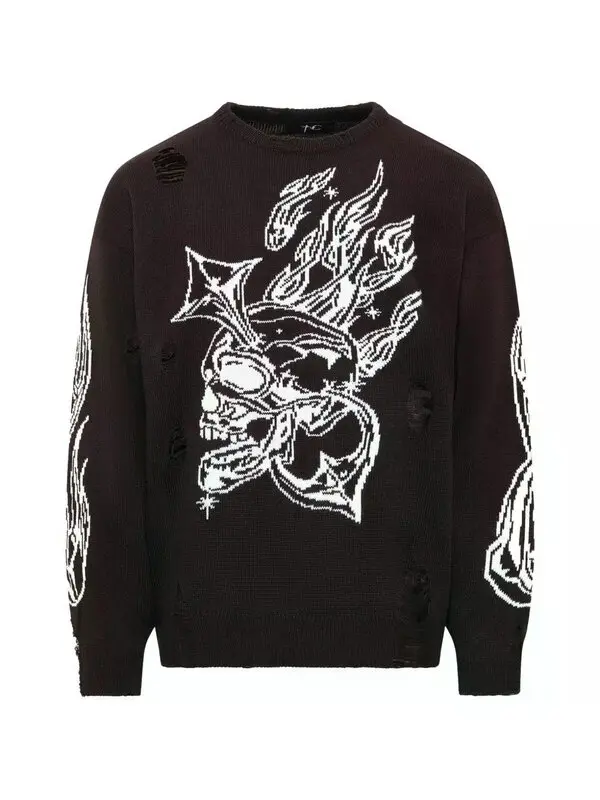 THUG CLUB Chrome Skull Distressed Knit Sweater - Black