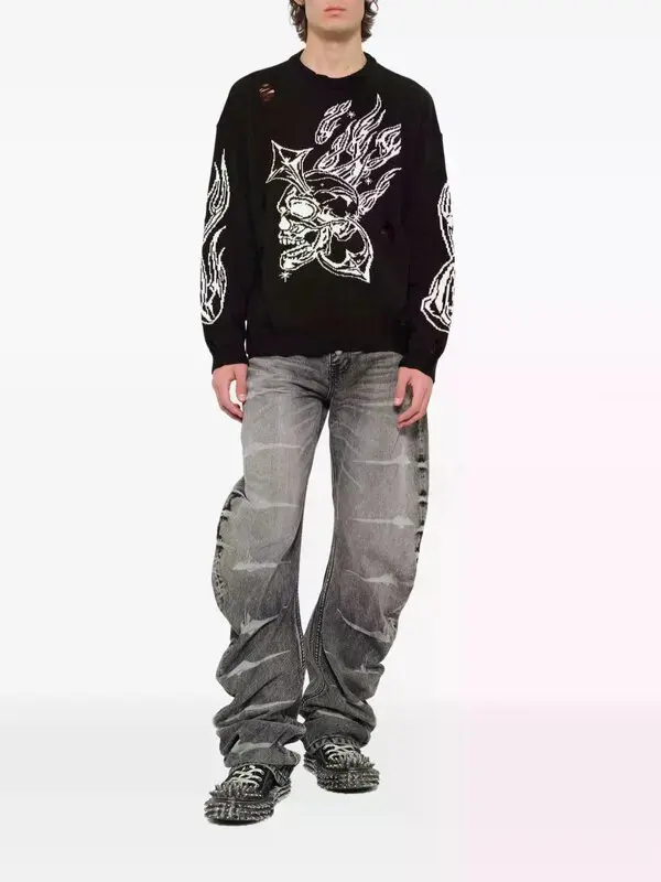 THUG CLUB Chrome Skull Distressed Knit Sweater