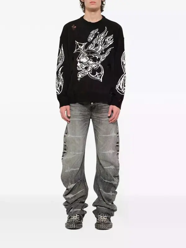 THUG CLUB Chrome Skull Distressed Knit Sweater