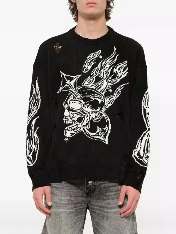 THUG CLUB Chrome Skull Distressed Knit Sweater