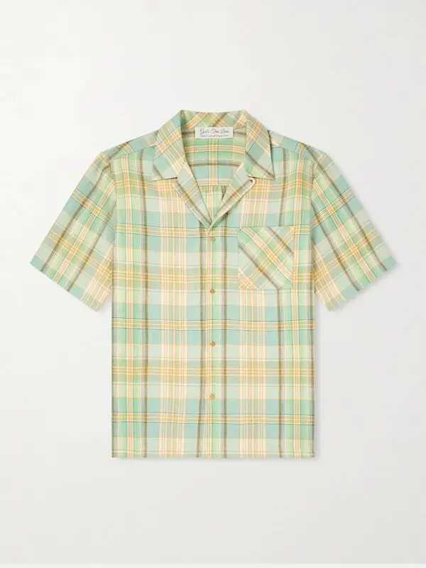 GOD'S TRUE CASHMERE Convertible-collar Checked Linen Shirt - Green