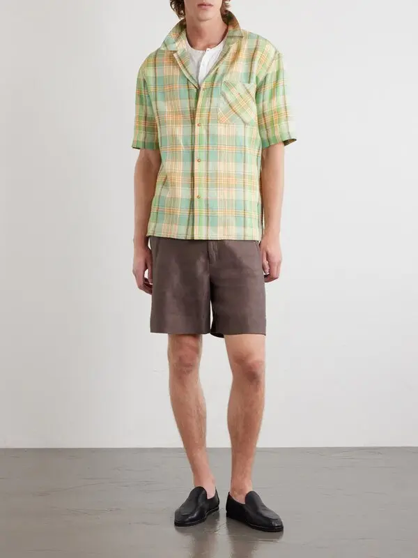 GOD'S TRUE CASHMERE Convertible-collar Checked Linen Shirt