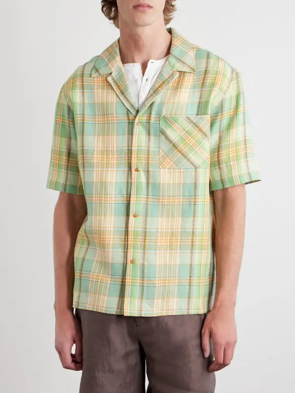 GOD'S TRUE CASHMERE Convertible-collar Checked Linen Shirt