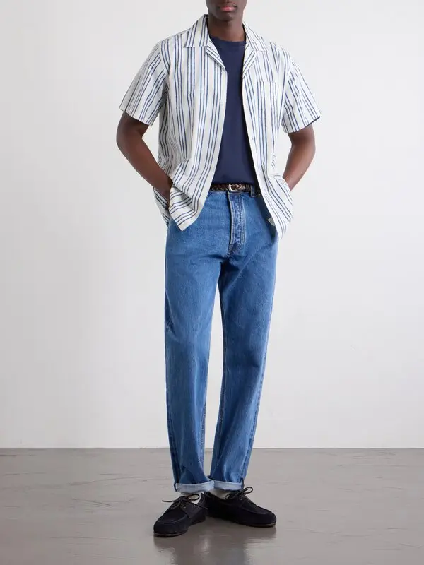 DRAKE'S Camp-collar Striped Cotton-poplin Shirt