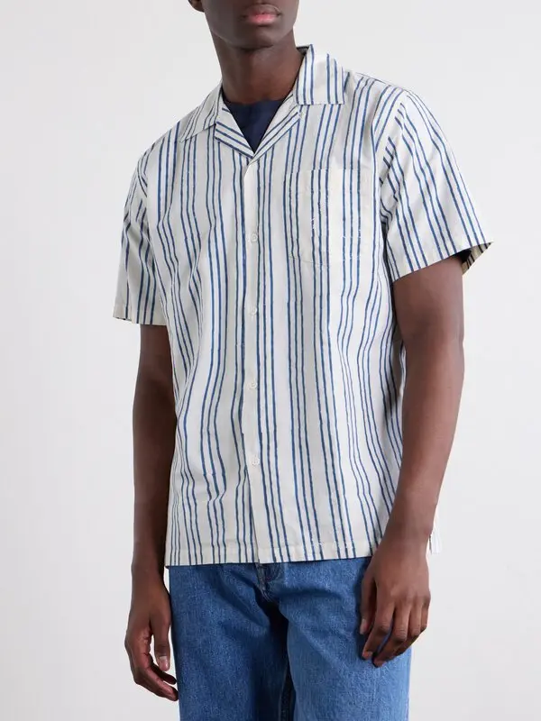 DRAKE'S Camp-collar Striped Cotton-poplin Shirt