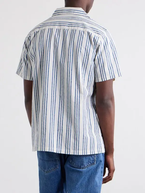 DRAKE'S Camp-collar Striped Cotton-poplin Shirt