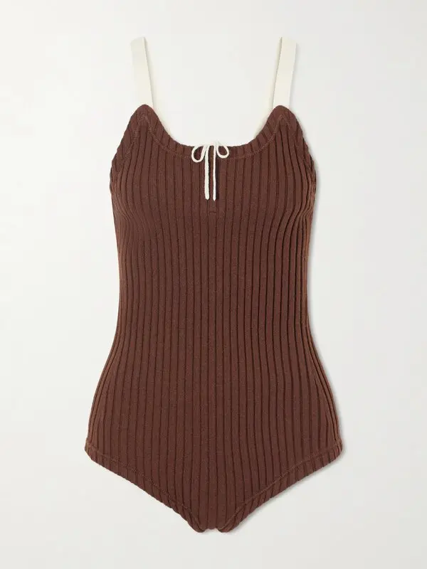 Tory Burch Color-block Ribbed-knit Wool And Cotton-blend Bodysuit - Brown