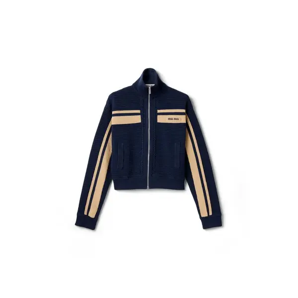 Miu Miu Crochet Knit Zip-up Cardigan - Navy Blue/sand