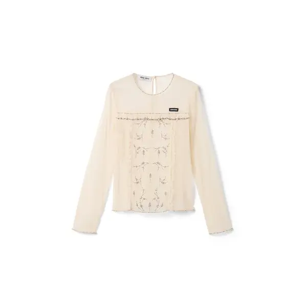 Miu Miu Embroidered Tulle Long Sleeve Top