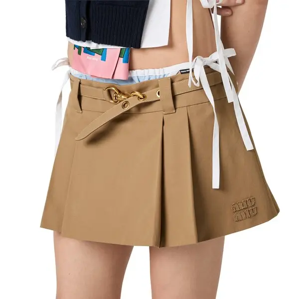 Miu Miu Pleated Poplin Miniskirt With Leather Belt
