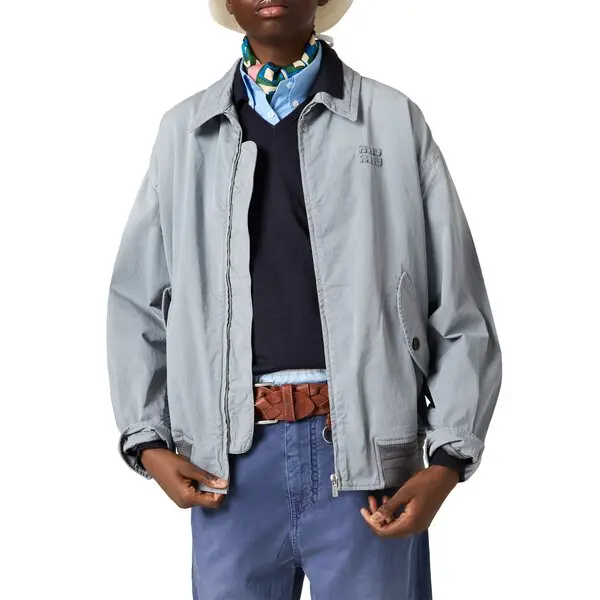 Miu Miu Oversized Twill Blouson Jacket With Embroidered Logo