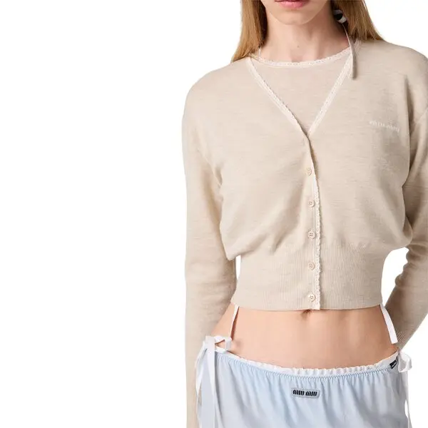 Miu Miu Cashmere Cropped Cardigan With Lace Trim