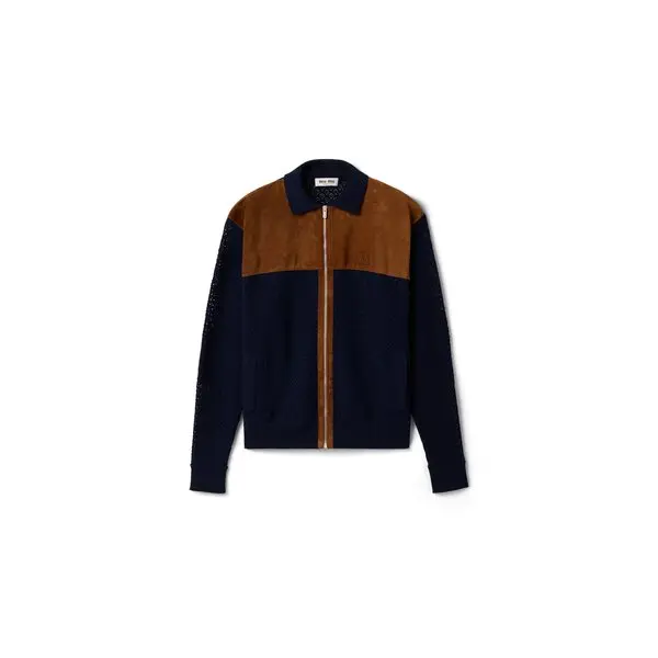 Miu Miu Crochet And Suede Cardigan - Navy