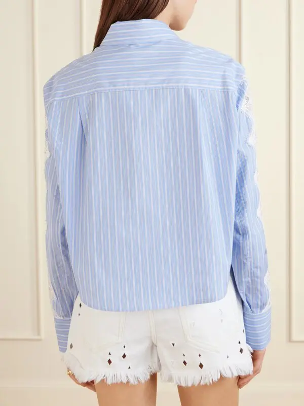 Simkhai Renata Cropped Lace-trimmed Striped Cotton-poplin Shirt - Blue