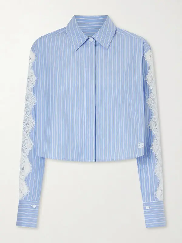 Simkhai Renata Cropped Lace-trimmed Striped Cotton-poplin Shirt - Blue