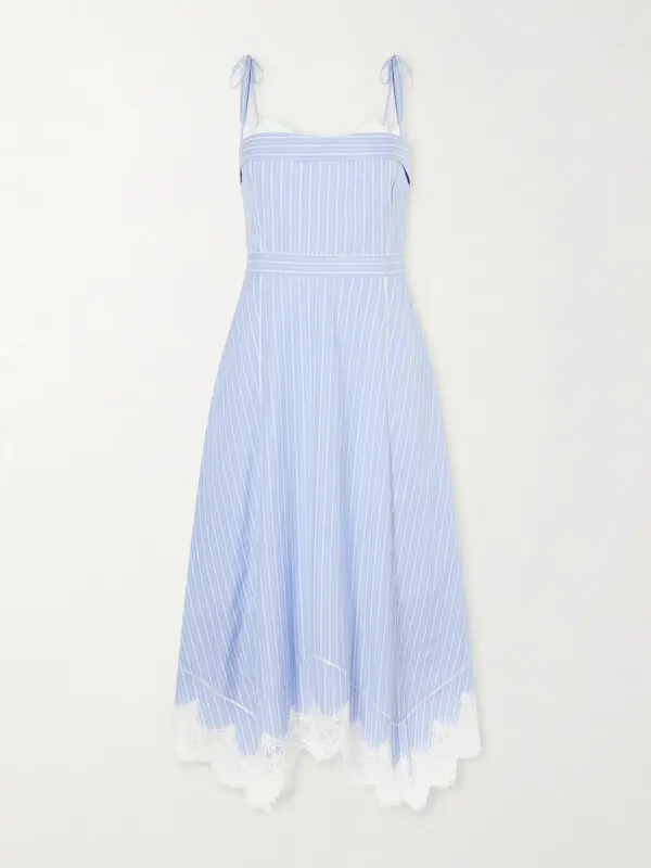 Simkhai Avaleigh Lace-trimmed Striped Cotton-poplin Midi Dress - Blue