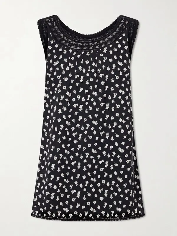 Posse Danielle Floral-print Lace-trimmed Cotton Mini Dress - Black