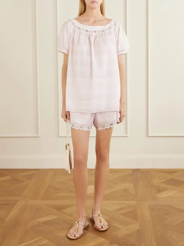 Posse Marilyn Lace-trimmed Checked Cotton Blouse - Pink