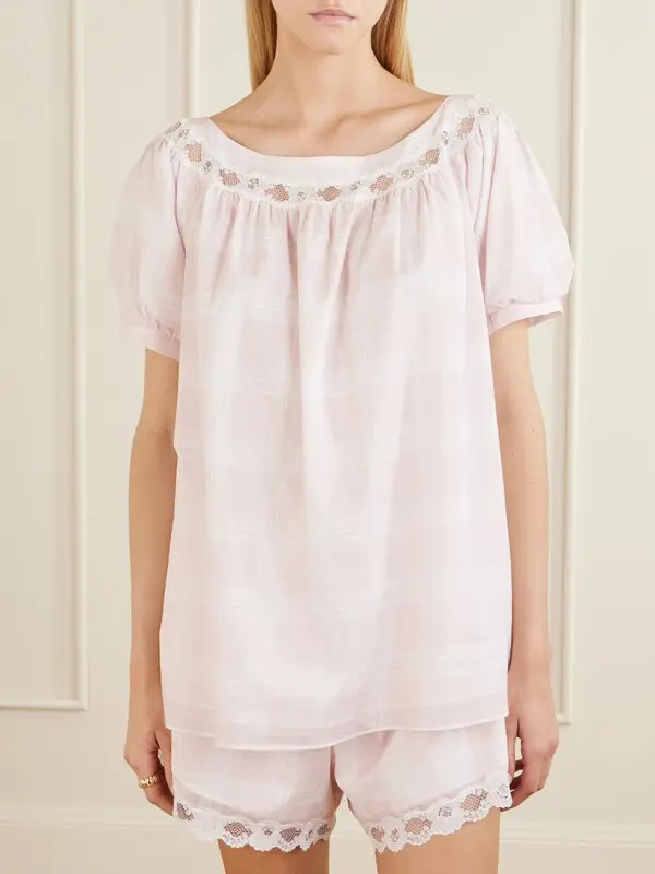 Posse Marilyn Lace-trimmed Checked Cotton Blouse - Pink