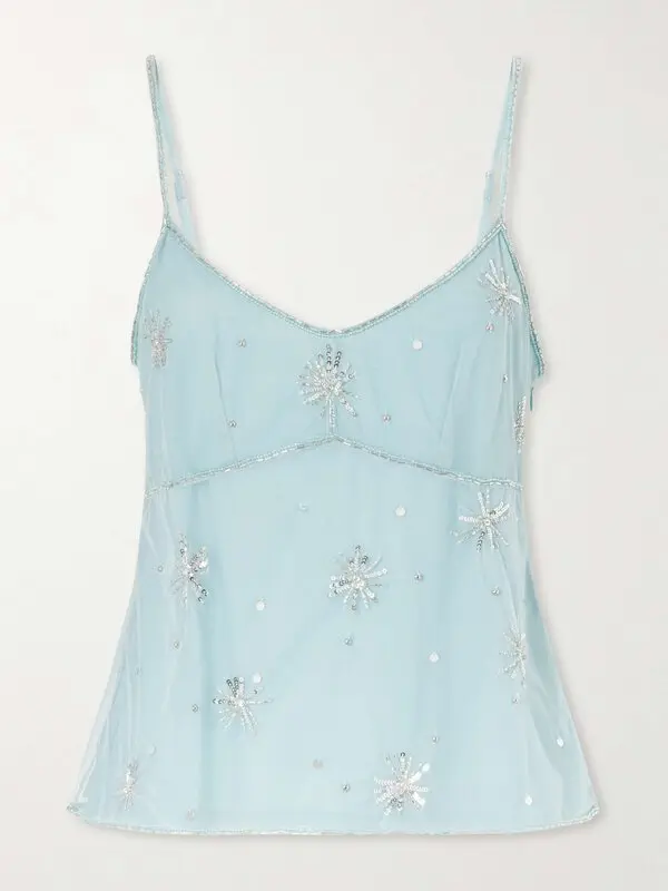 Staud Elsa Embellished Mesh Top - Light Blue