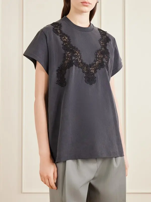 Stella McCartney Lace-trimmed Cotton-jersey T-shirt - Black