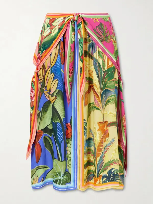 Farm Rio Rainbow Summer Printed Satin Midi Skirt - Green