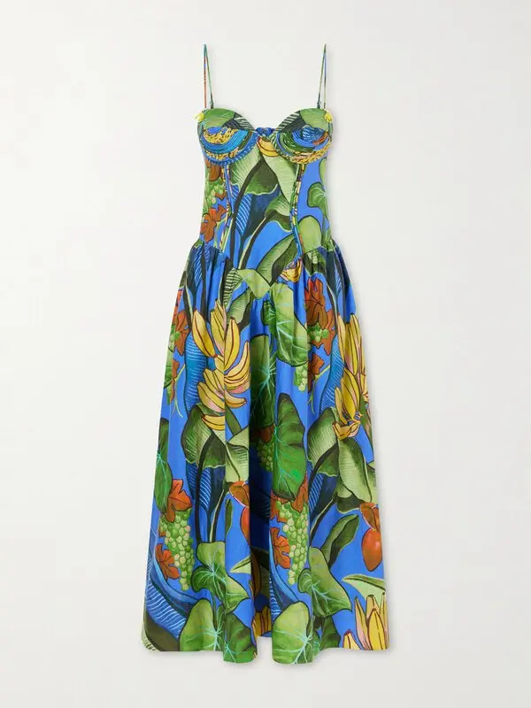 Farm Rio Banana Grapes Print Linen-blend Midi Dress - Blue