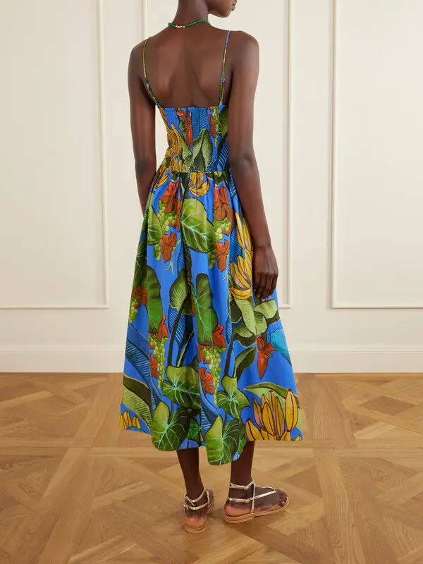 Farm Rio Banana Grapes Print Linen-blend Midi Dress - Blue