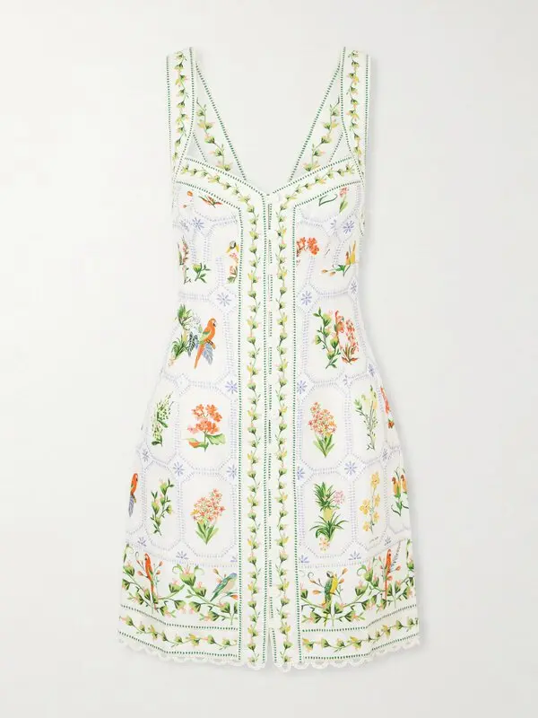 Farm Rio Tropical Porcelain Printed Linen Mini Dress - White