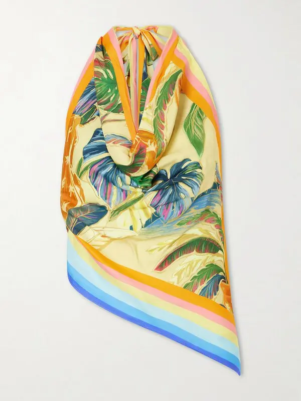 Farm Rio Rainbow Floral-print Satin Halter Top - Yellow