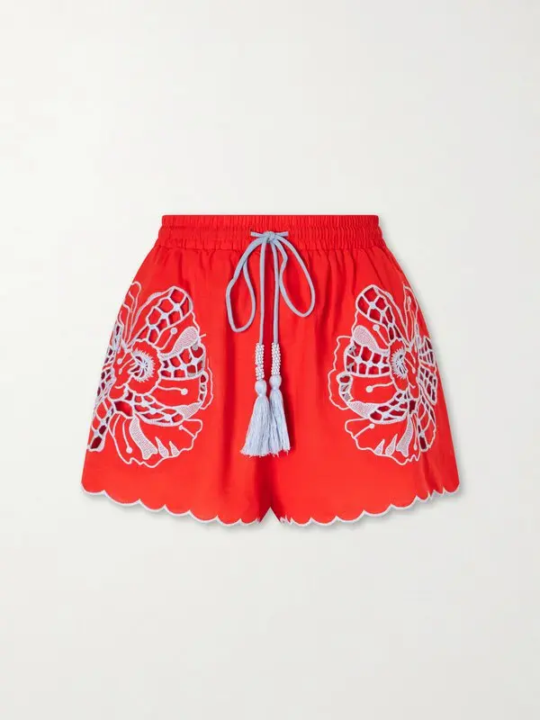 Farm Rio Embroidered Linen-blend Shorts - Red
