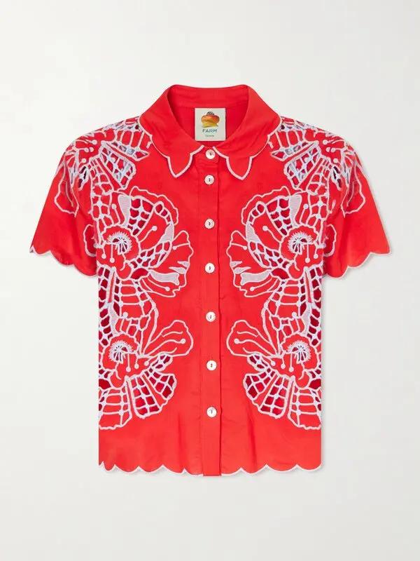 Farm Rio Embroidered Linen-blend Shirt - Red
