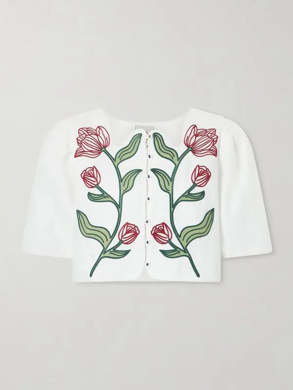 Farm Rio Floral Embroidered Cropped Linen Top