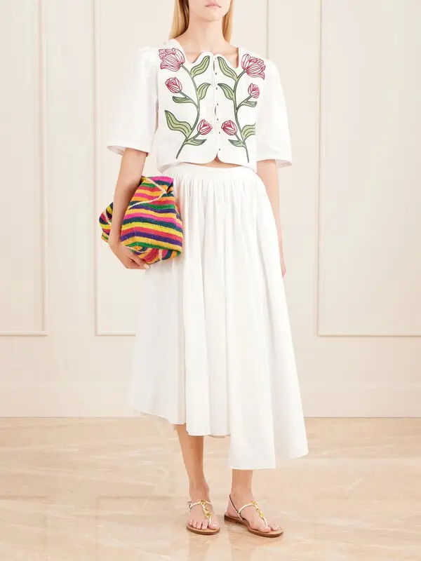 Farm Rio Floral Embroidered Cropped Linen Top