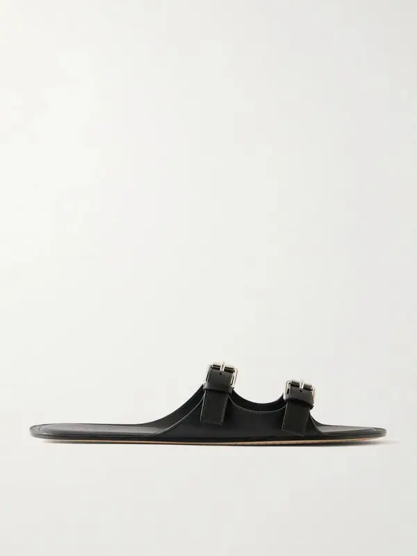 CHRISTEN Buckled Leather Flat Sandals - Black