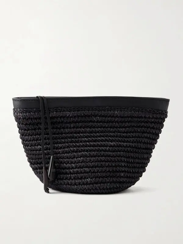HUNTING SEASON Zip Leather-trimmed Raffia Clutch - Black