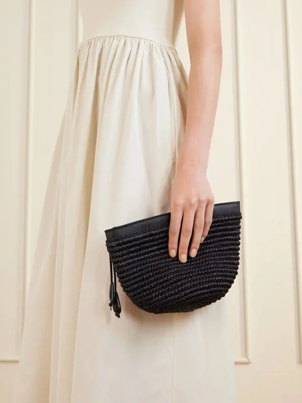 HUNTING SEASON Zip Leather-trimmed Raffia Clutch - Black