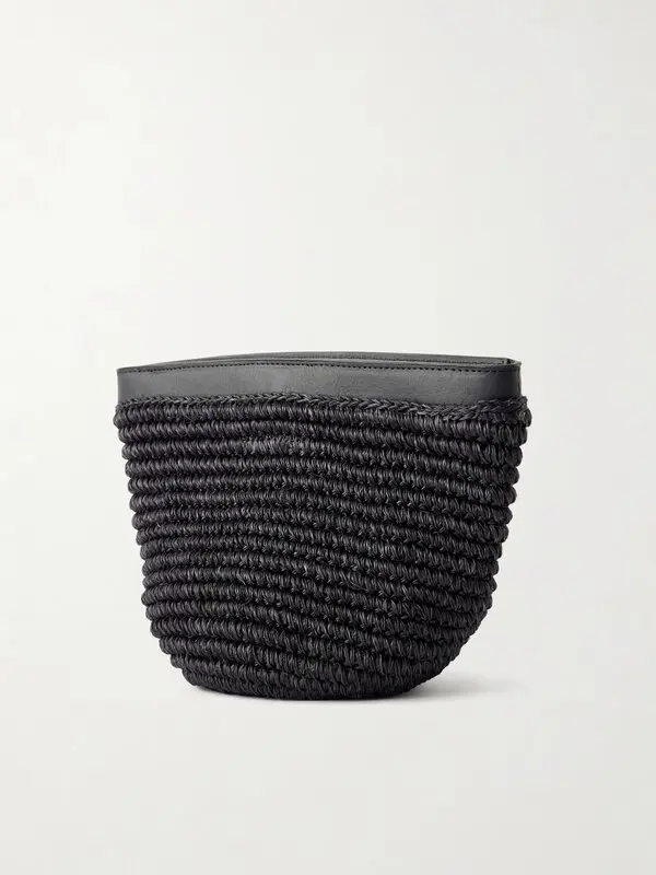 HUNTING SEASON Zip Leather-trimmed Raffia Clutch - Black