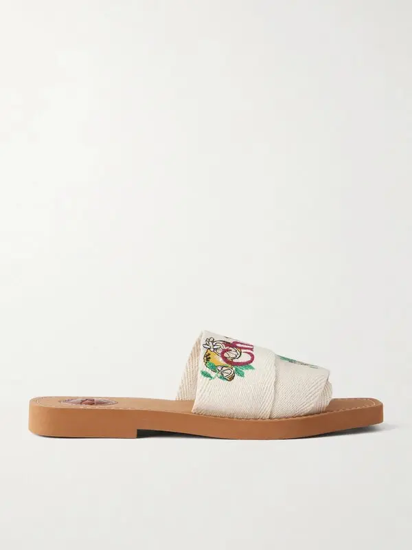 Chloé Embroidered Raffia And Leather Slides - Neutrals